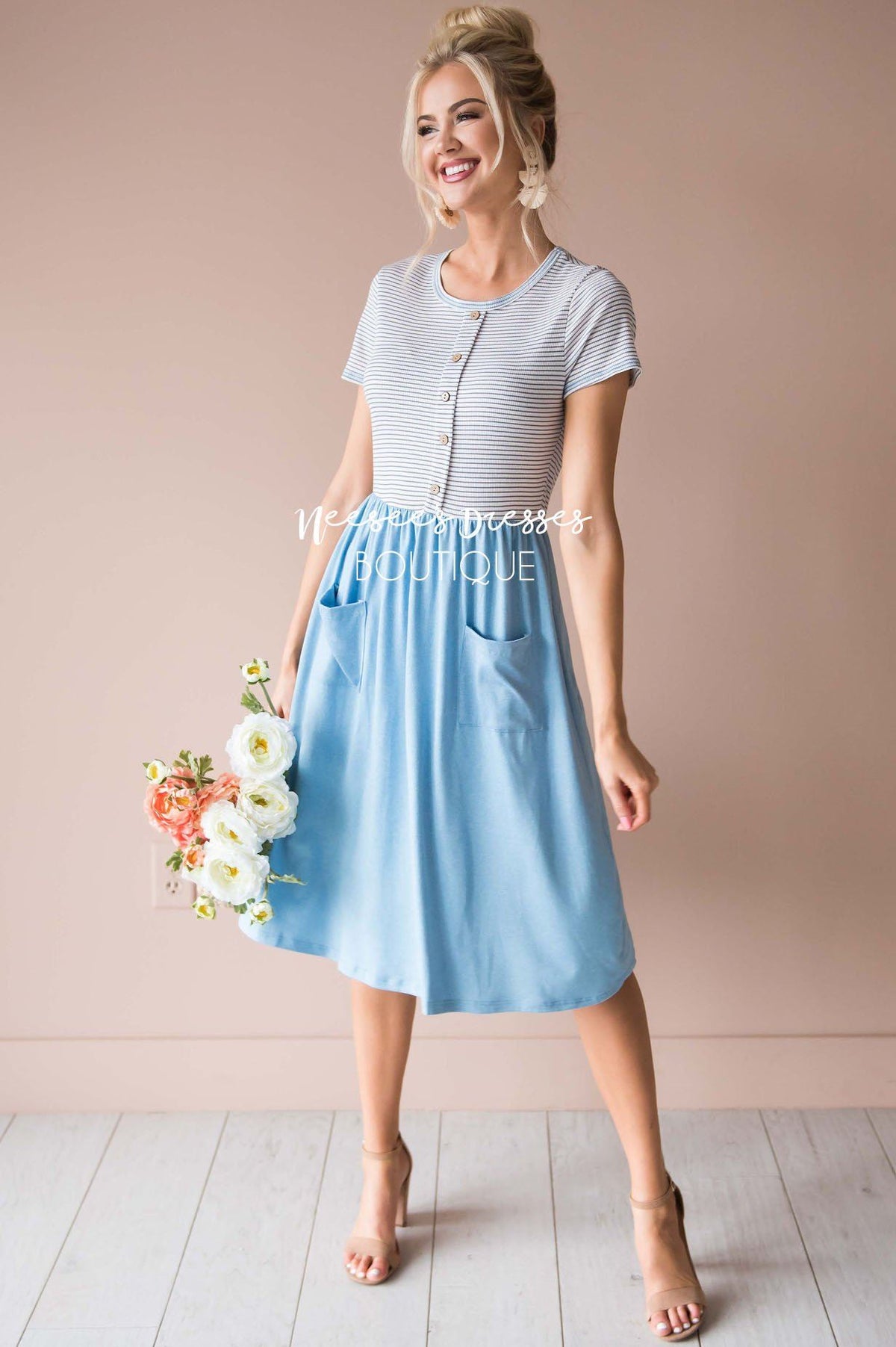 Dusty Blue Striped Modest Dress | Best Place To Buy Modest Dresses