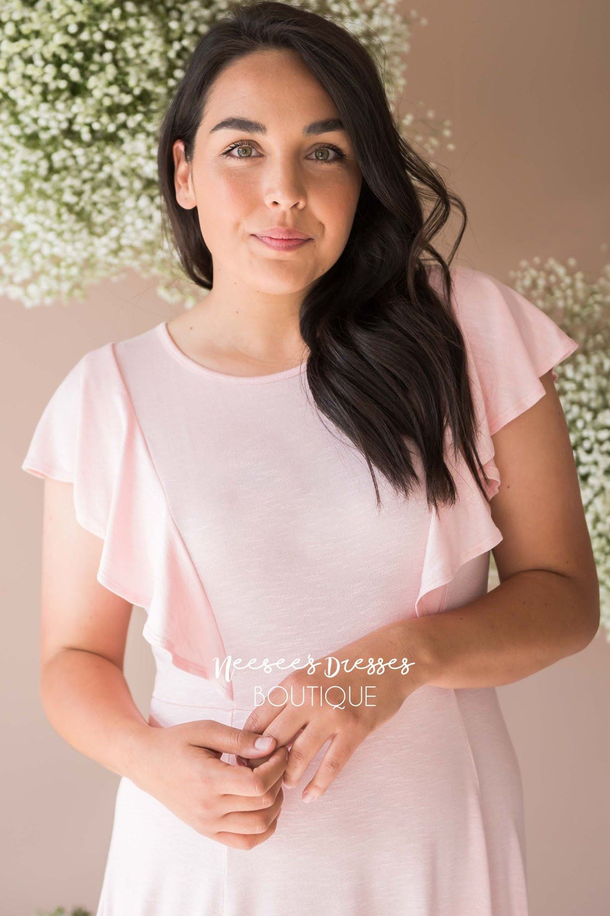 Soft Pink Ruffle Sleeve Modest Church Dress | Best and Affordable ...