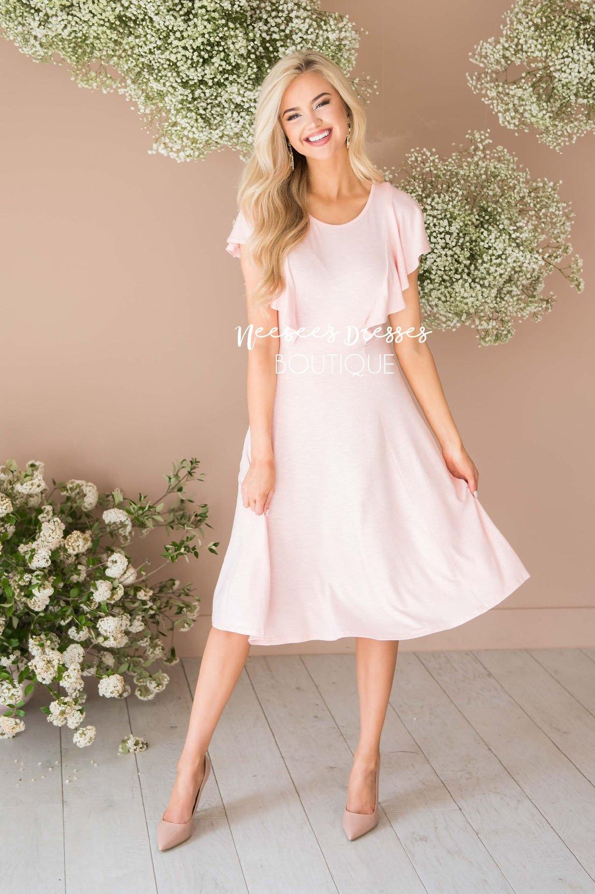 Soft Pink Ruffle Sleeve Modest Church Dress | Best and Affordable ...