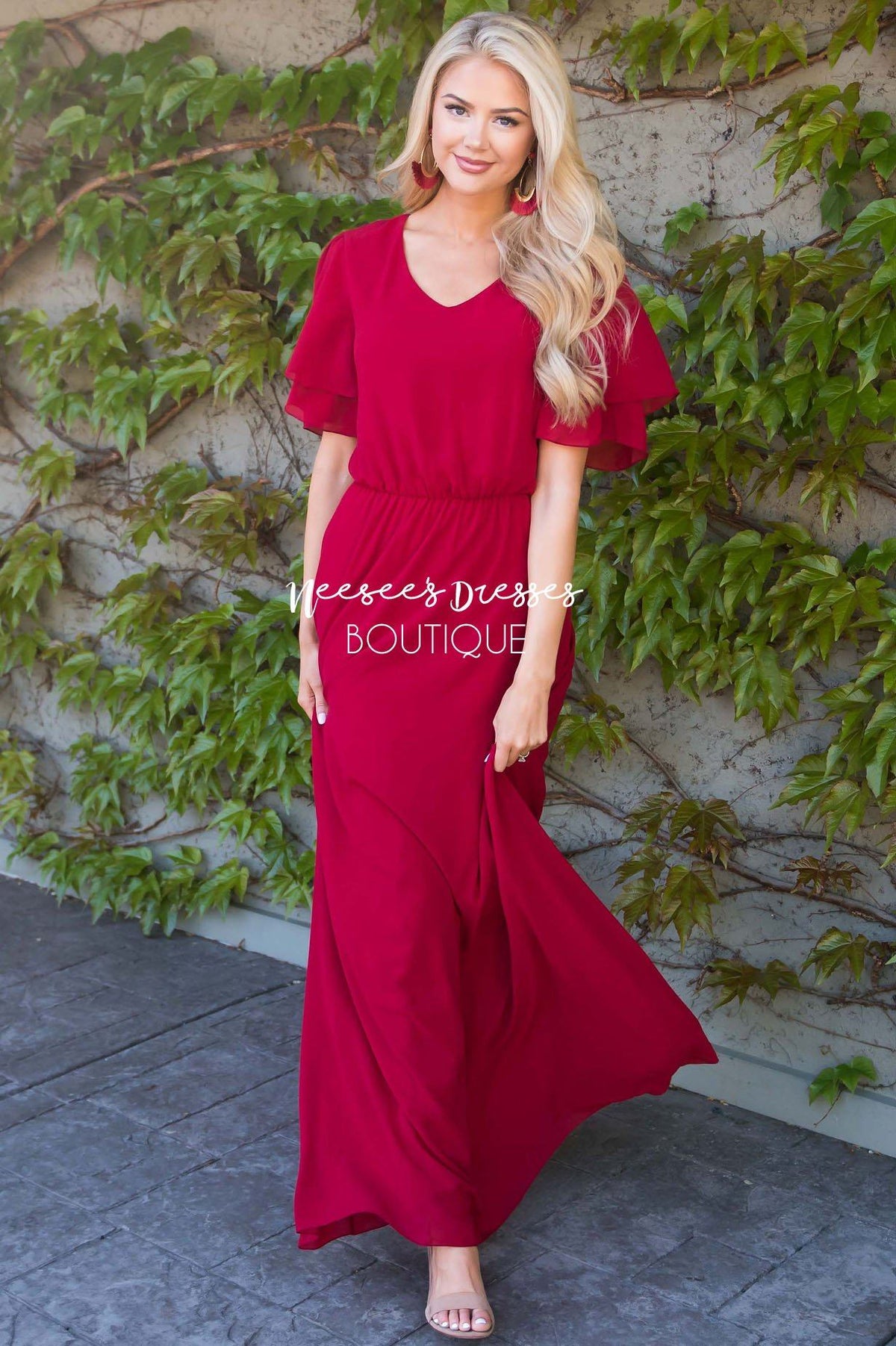 Cherry Red Chiffon Maxi Dress | Modest Bridesmaids Dresses