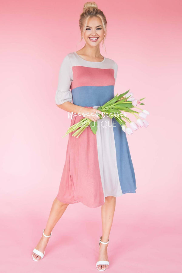 Mauve, Dusty Blue, Taupe Colorblock Modest Dresses | Best Place To Buy ...