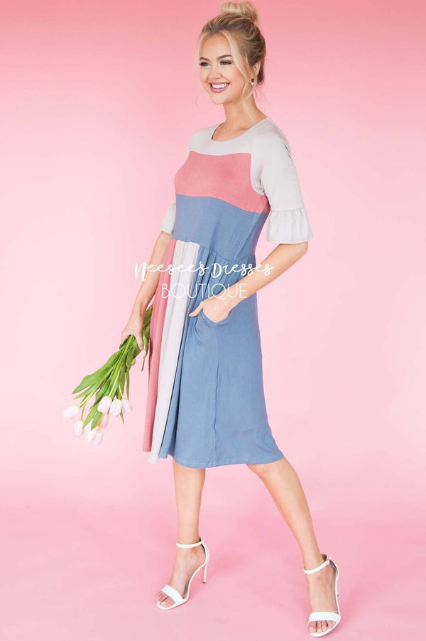 Mauve, Dusty Blue, Taupe Colorblock Modest Dresses | Best Place To Buy ...