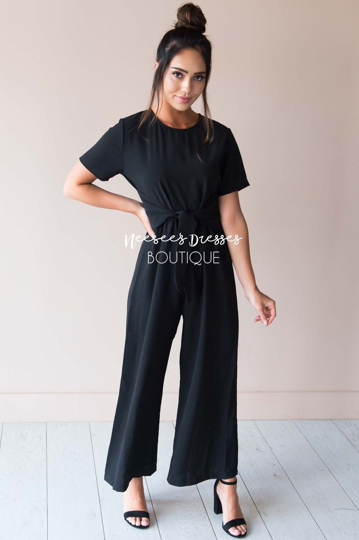 Black Tie Front Modest Jumpsuit | Cute Modest Dresses