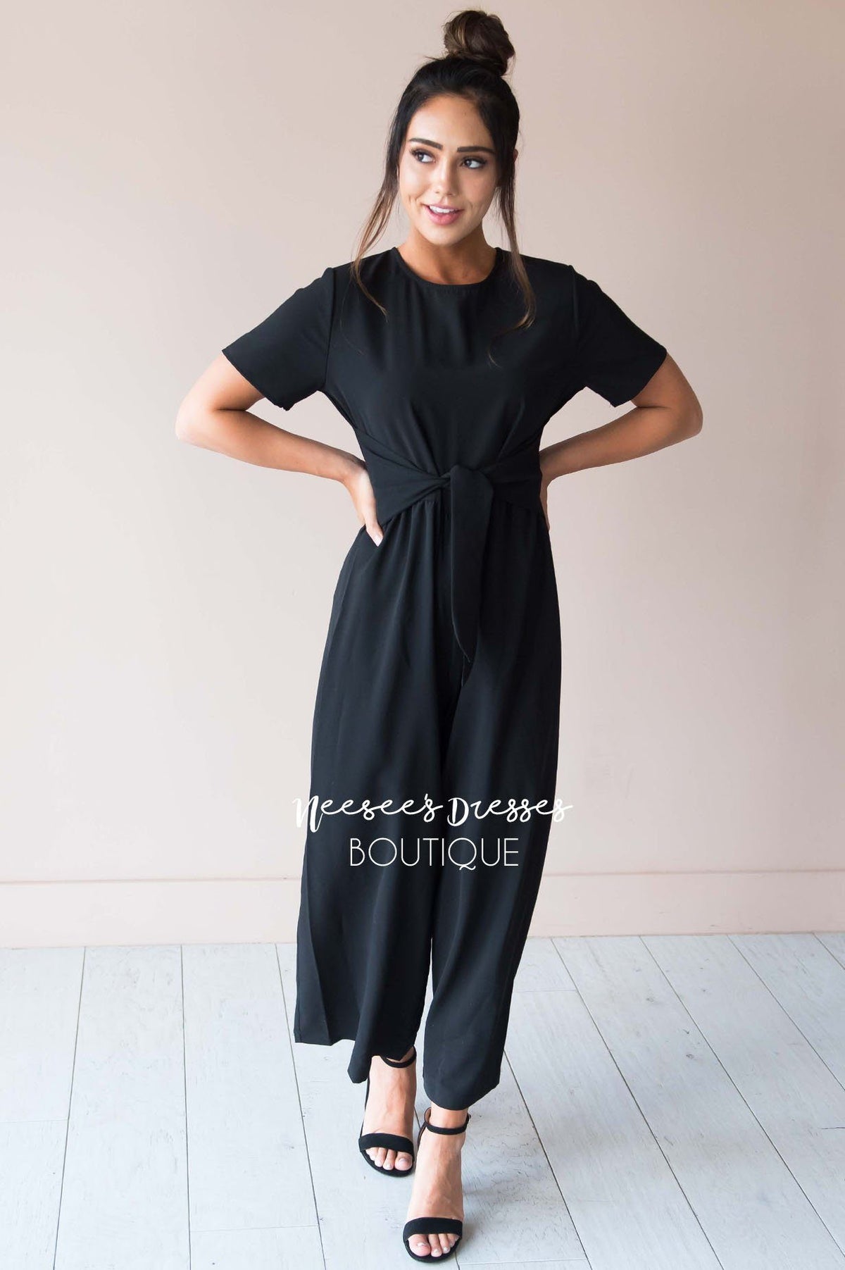 Black Tie Front Modest Jumpsuit | Cute Modest Dresses