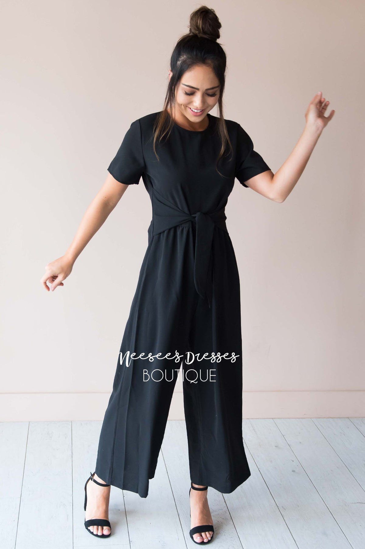 Black Tie Front Modest Jumpsuit | Cute Modest Dresses