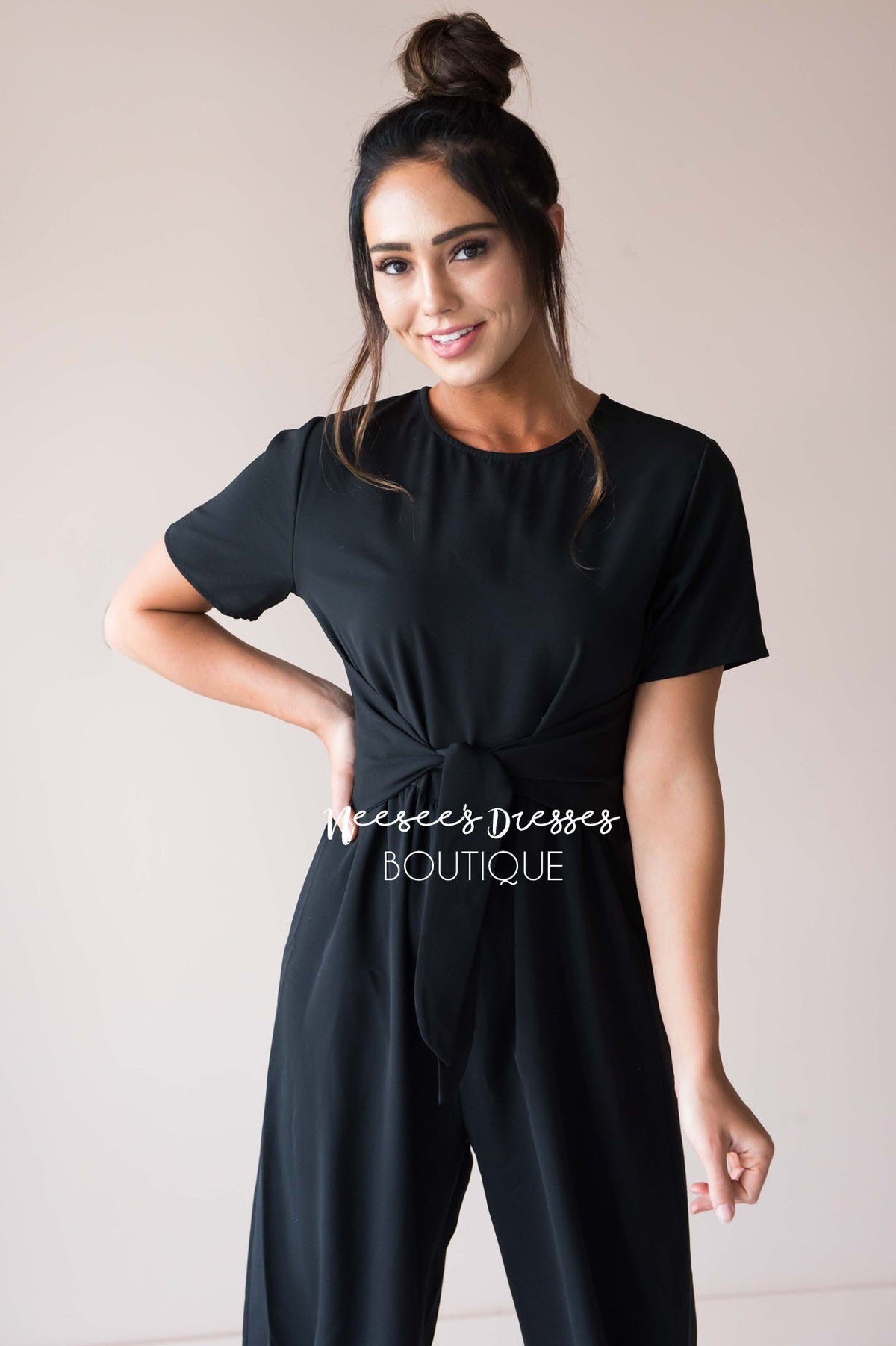 Black Tie Front Modest Jumpsuit | Cute Modest Dresses