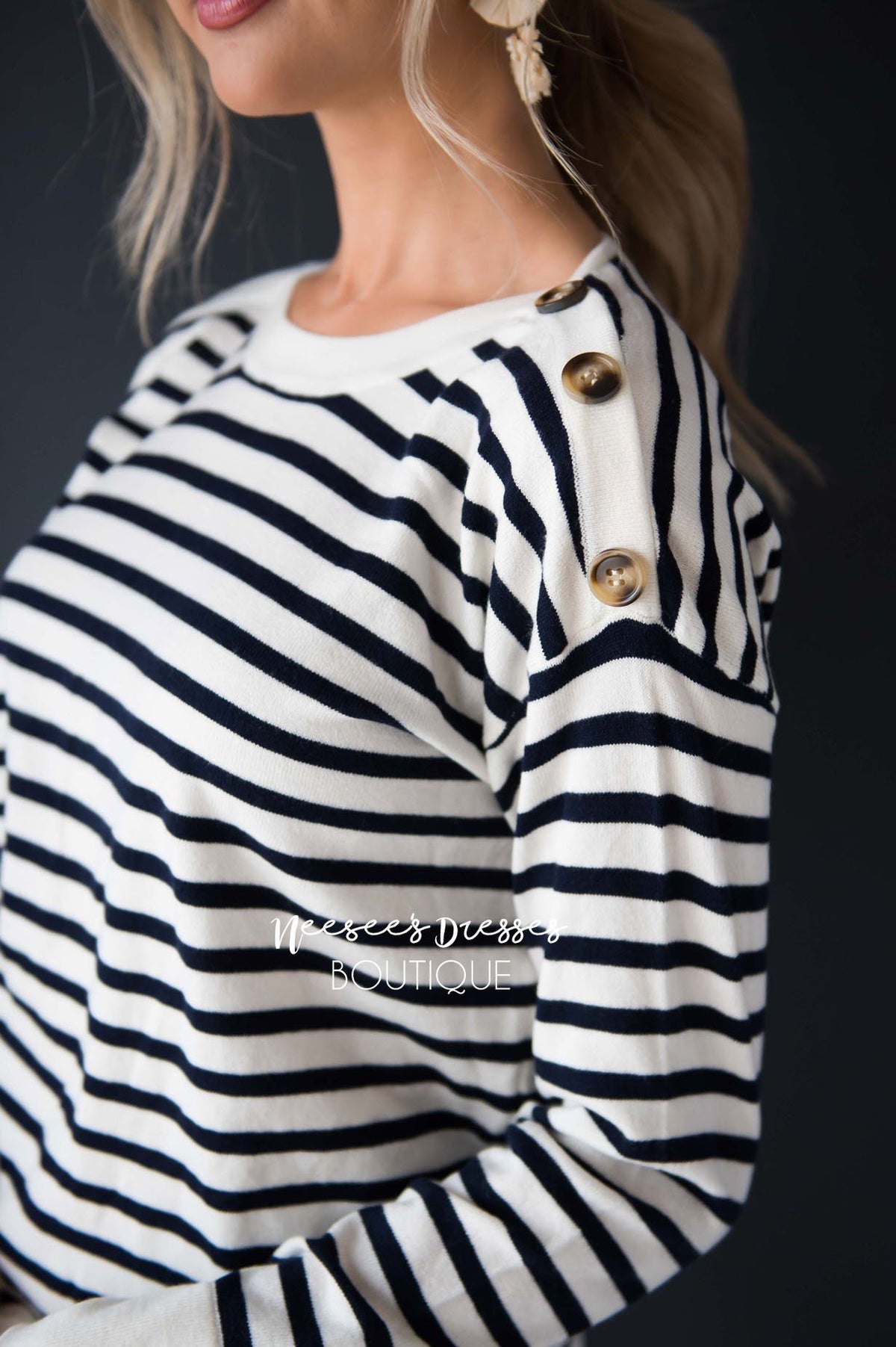 Cream/Navy Striped Modest Sweater | Cute Modest Sweaters