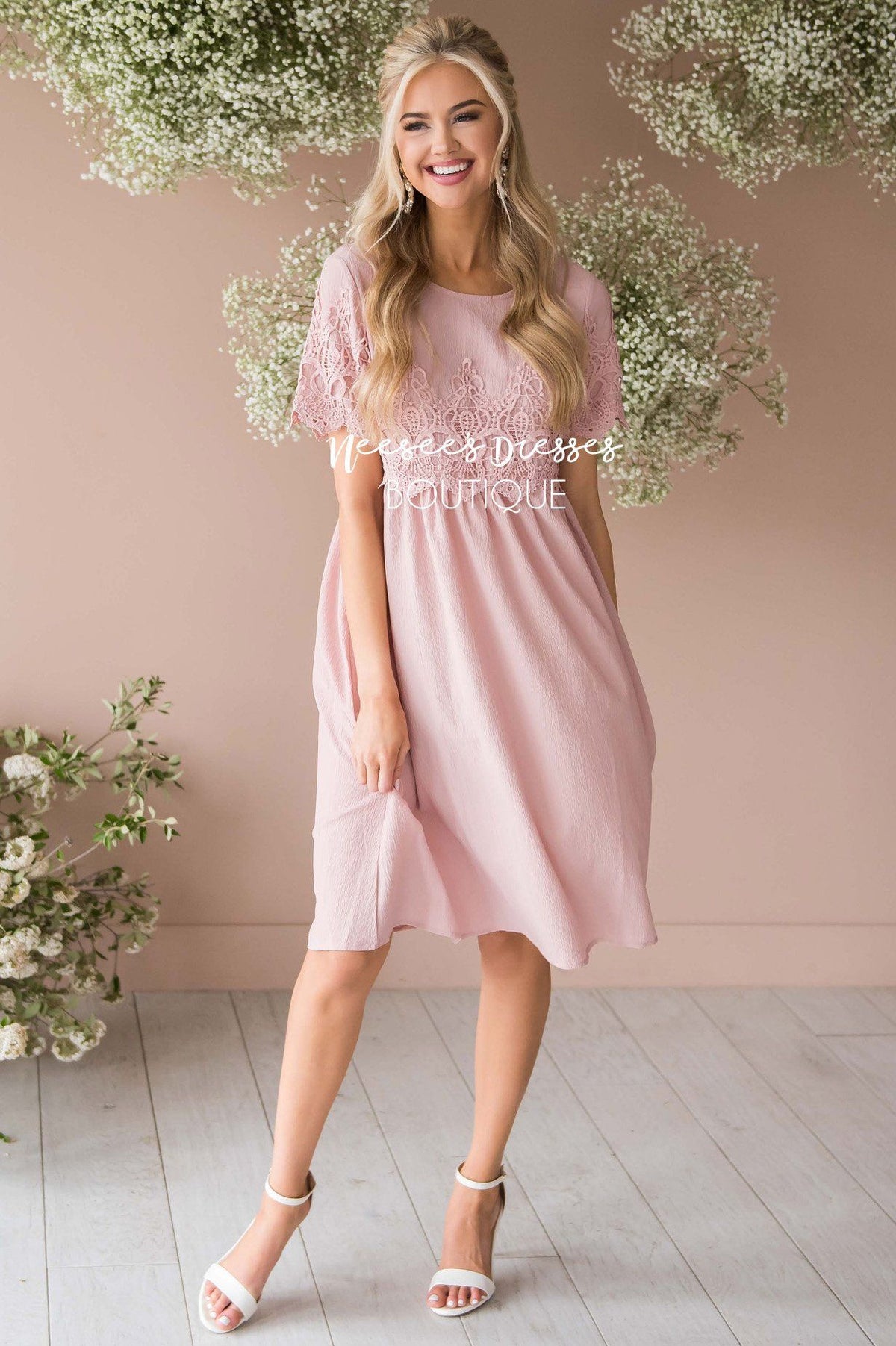 Light Pink Lace Insert Dress | Modest Bridesmaids Dresses | Buy Modest ...