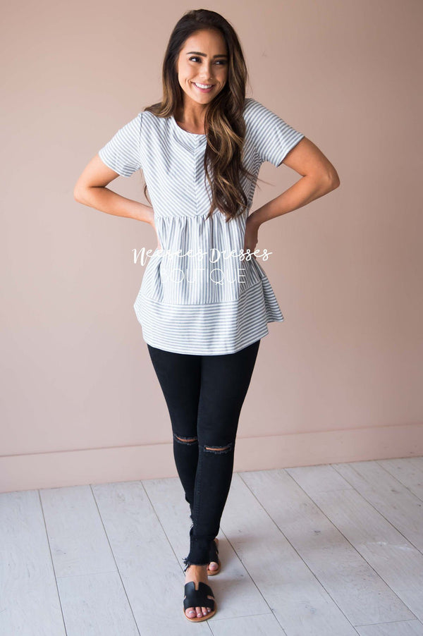 Gray Striped Peplum Modest Top | Best and Affordable Modest Boutique ...