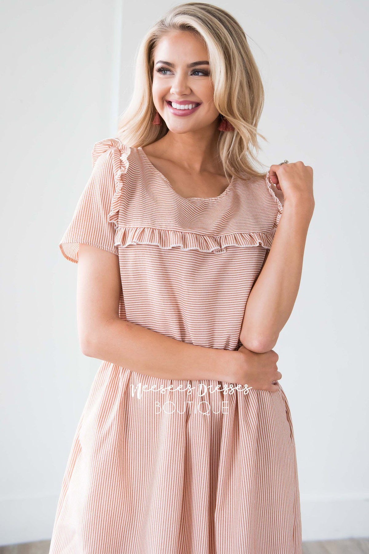 Peach and White Striped Ruffle Modest Dress | Cute Modest Dresses