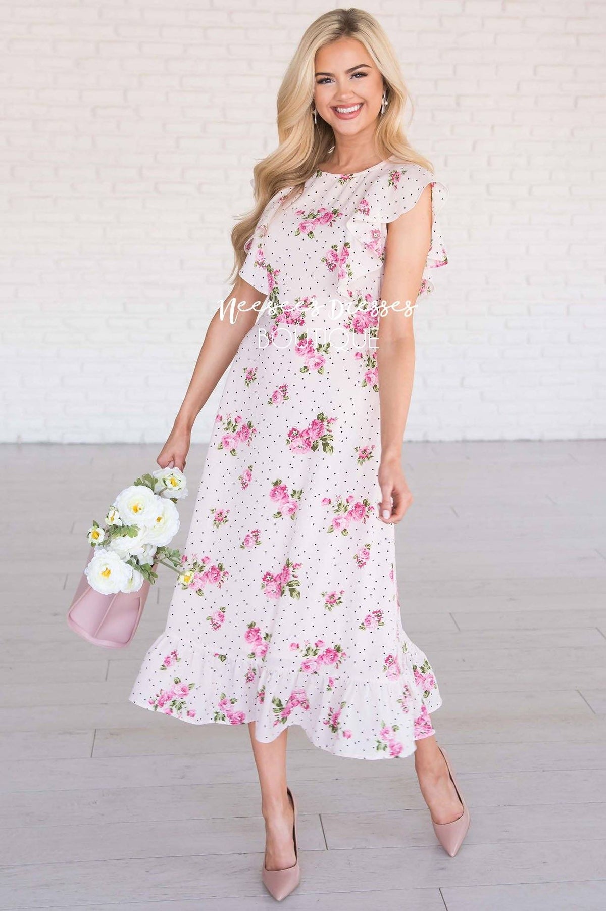 Pink Polka Dot Ruffle Sleeve Modest Dress | Best and Affordable Modest ...