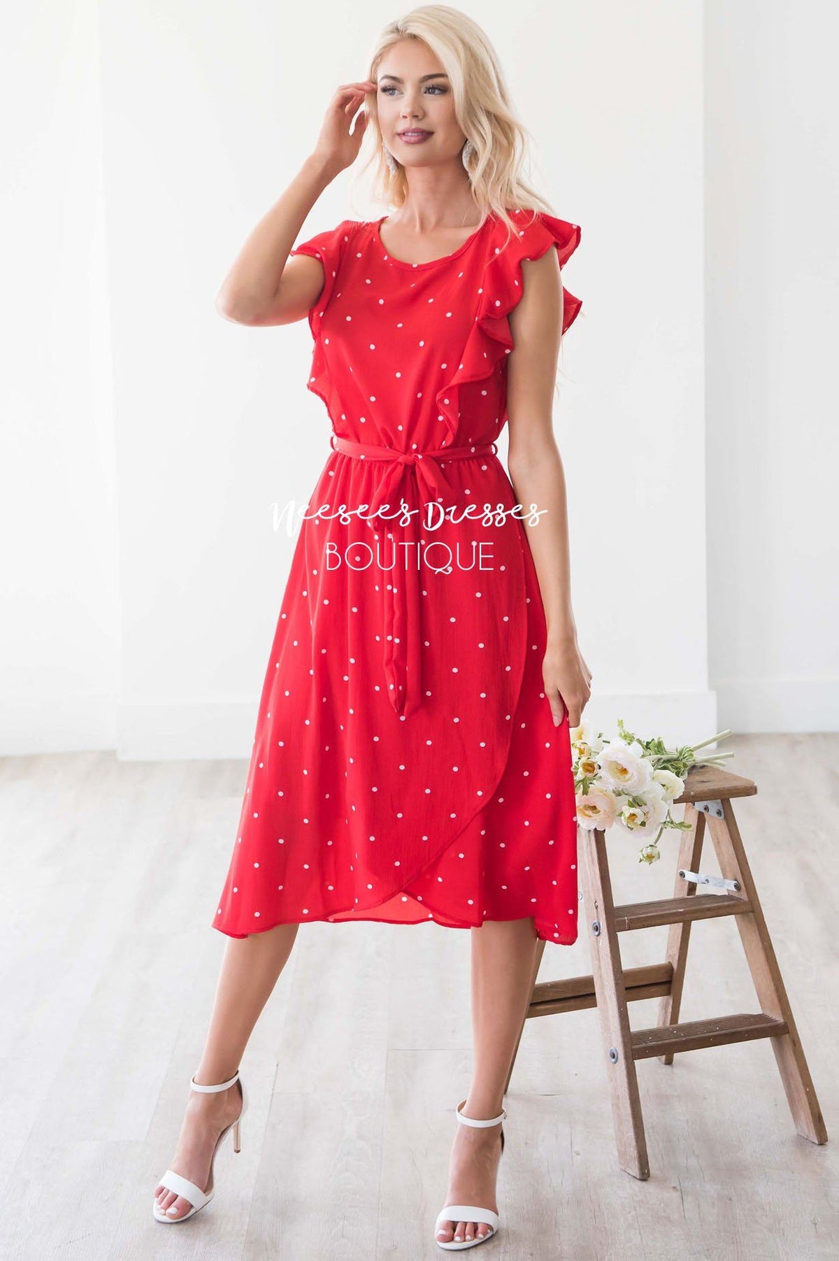 Red Polka Dotted Flutter Sleeve Modest Dress | Best Place To Buy Modest ...