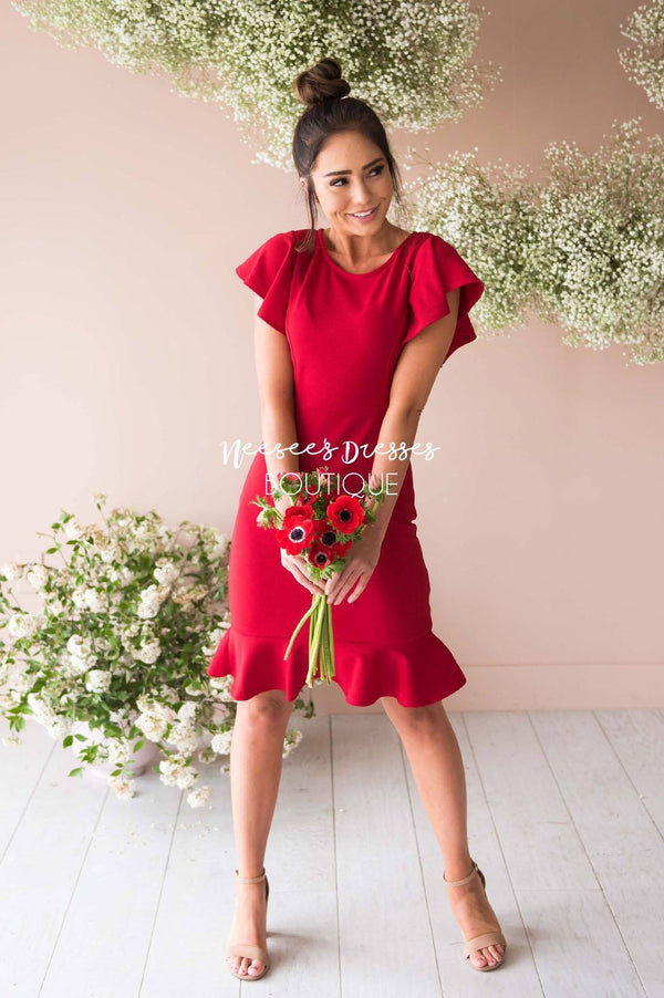 Red Ruffle Shoulder Modest Church Dress | Best and Affordable Modest ...