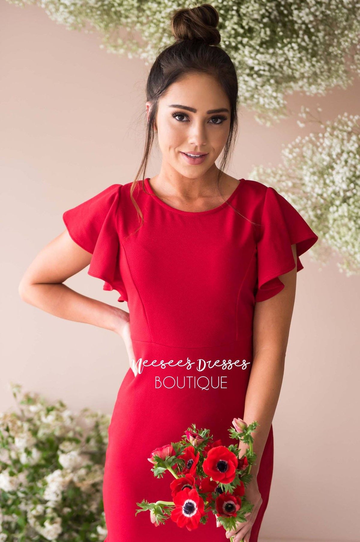 Red Ruffle Shoulder Modest Church Dress | Best and Affordable Modest ...