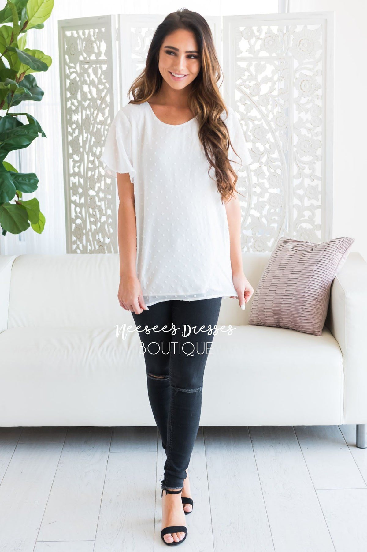 White Swiss Dot Blouse | Cute Comfy Fall Tops