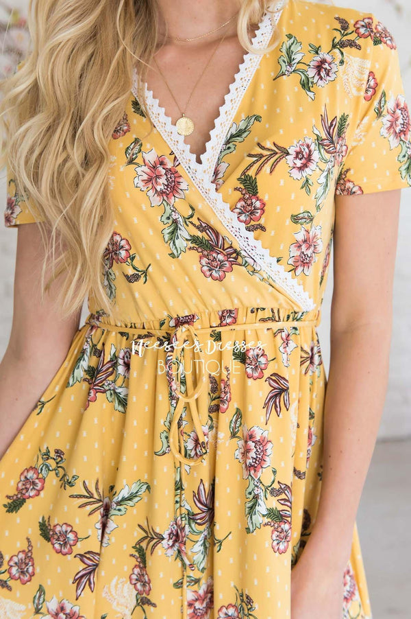 Yellow Floral Lace Trimmed Modest Dress | Best Place To Buy Modest ...