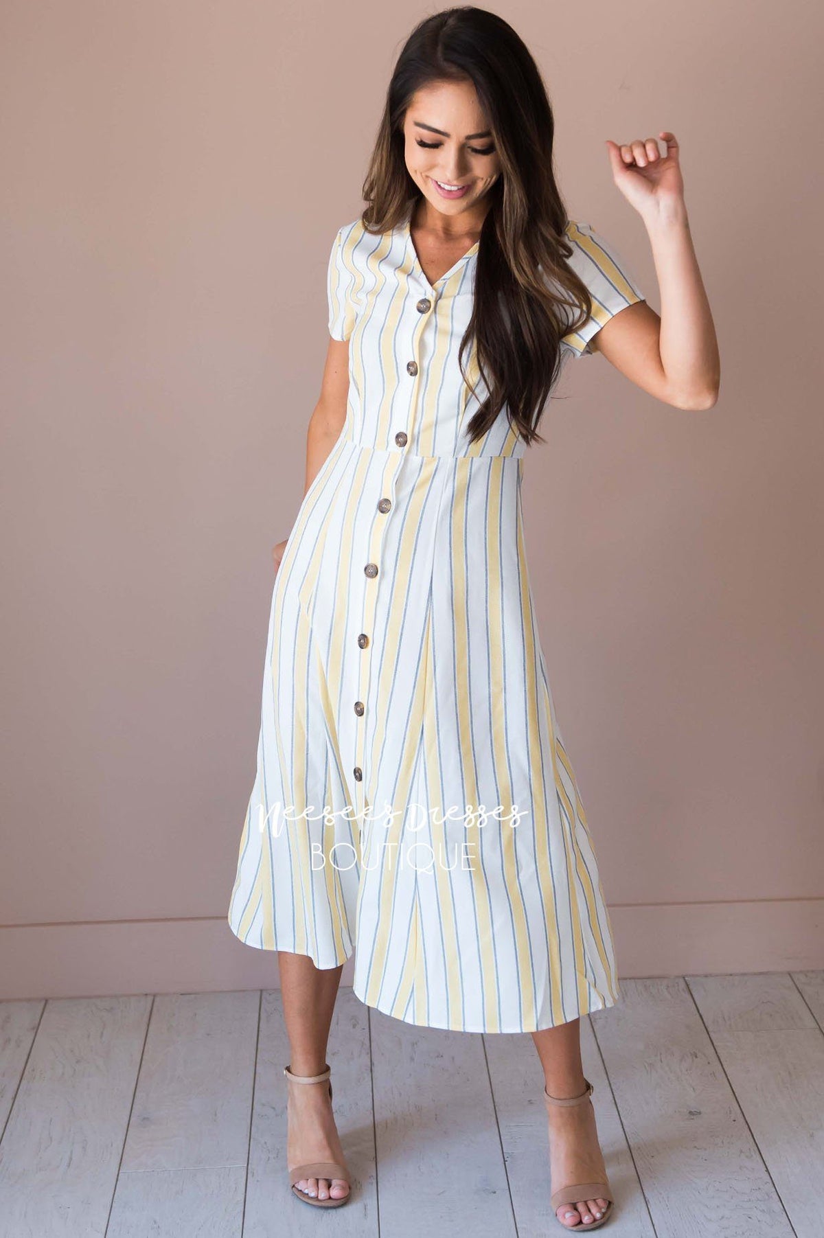 Yellow Striped Button Down Modest Dress | Best and Affordable Modest ...