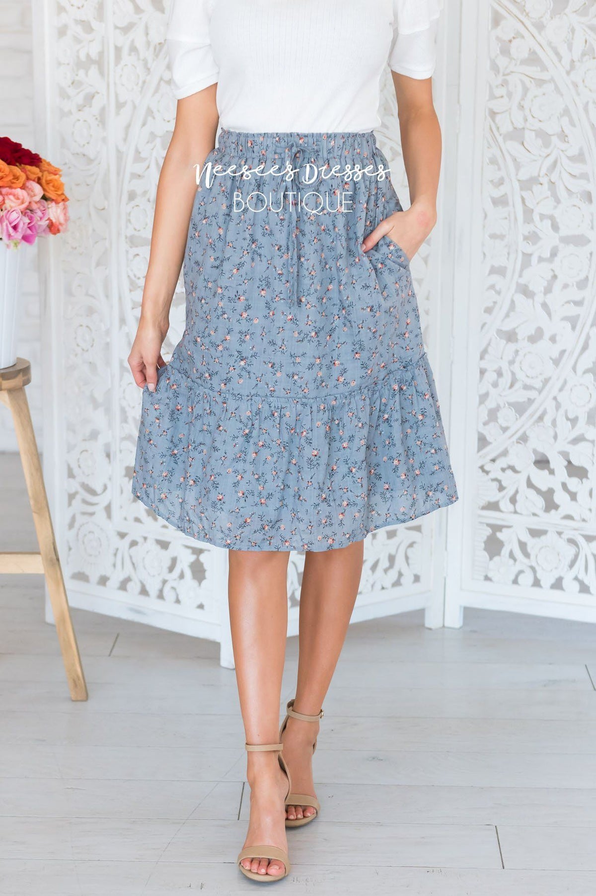 Antique Blue Floral Ruffle Skirt Modest Skirt | Cute Modest Dresses ...