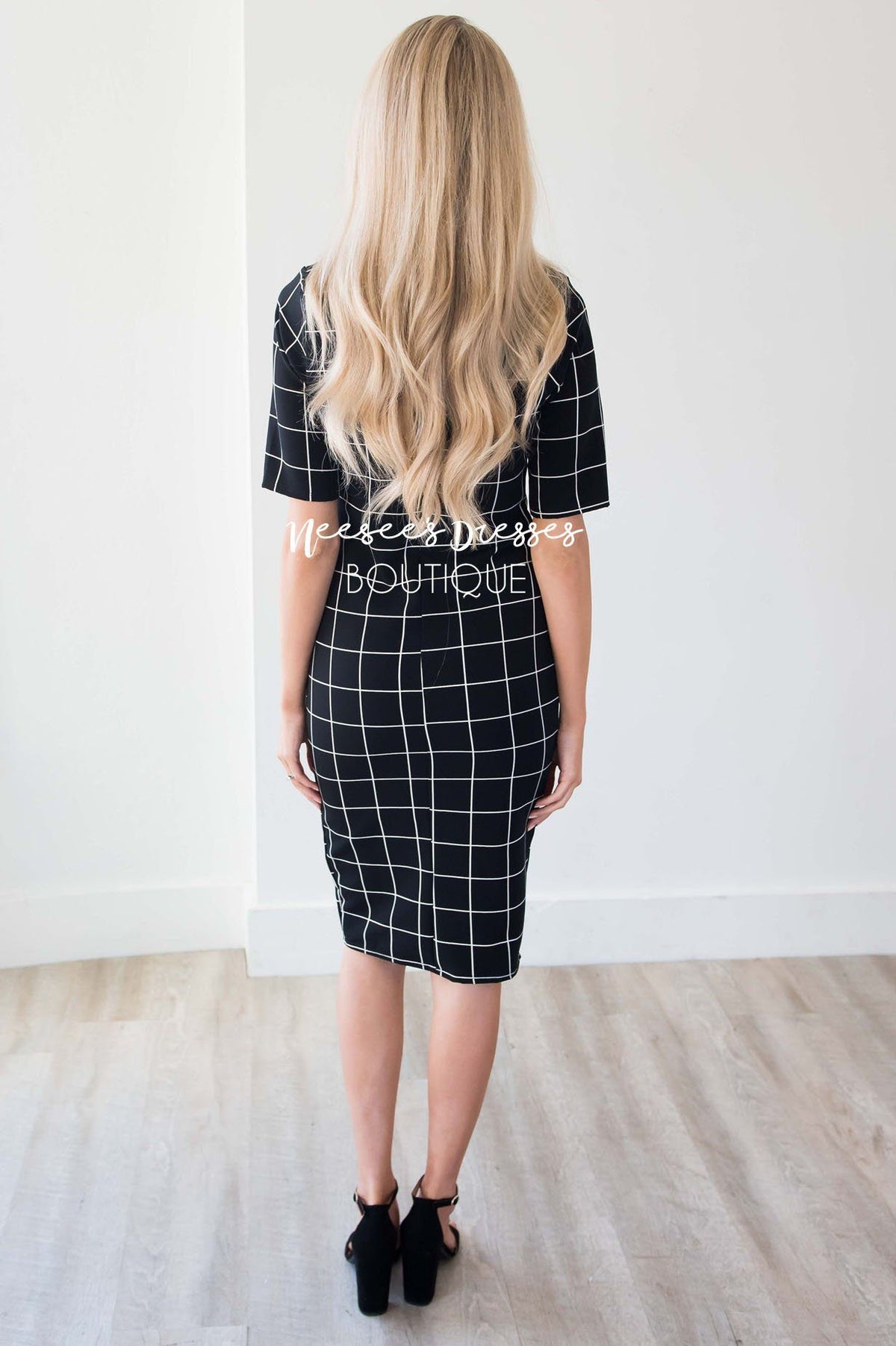 Black White Grid Print Turtleneck Pencil Modest Dress | Modest Dress ...