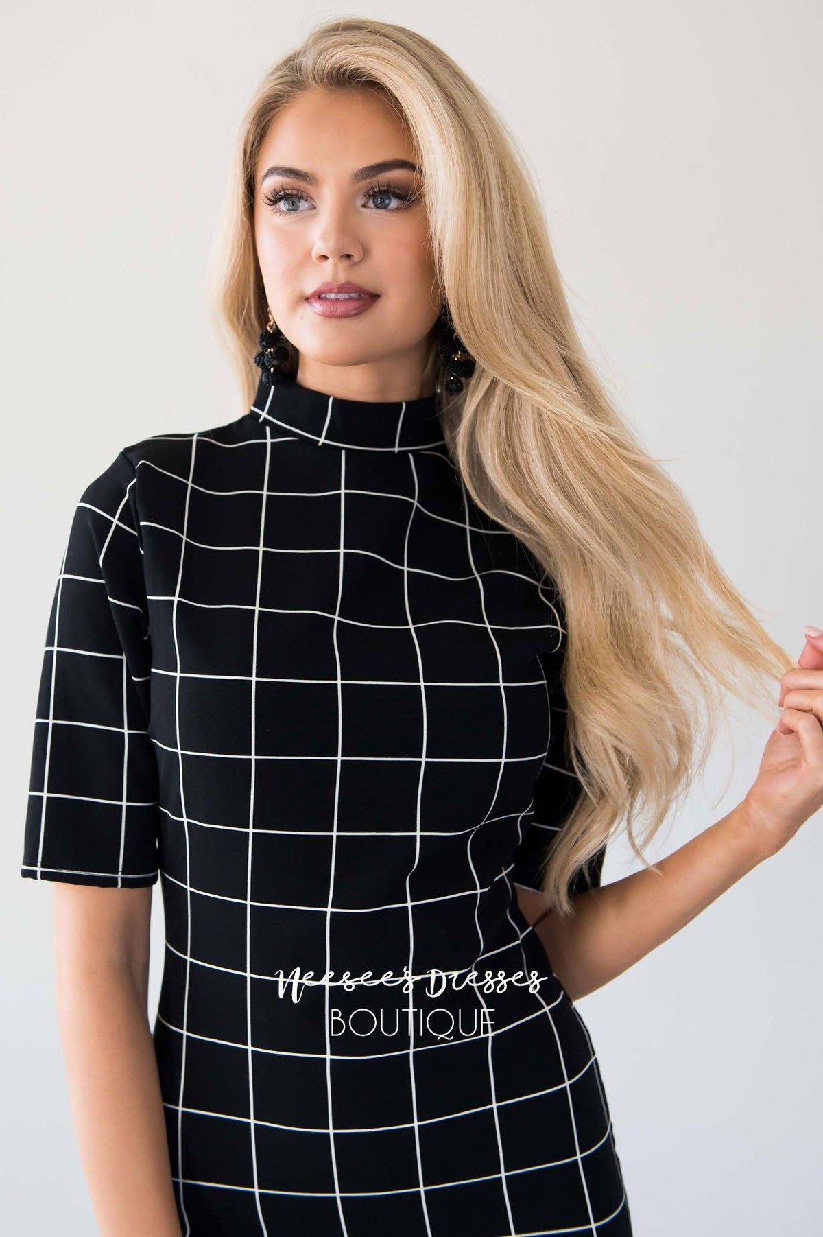 Black White Grid Print Turtleneck Pencil Modest Dress | Modest Dress ...