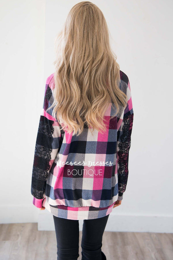 Pink & Black Plaid Lace Sleeve Sweater | Cute Comfy Fall Cardigans