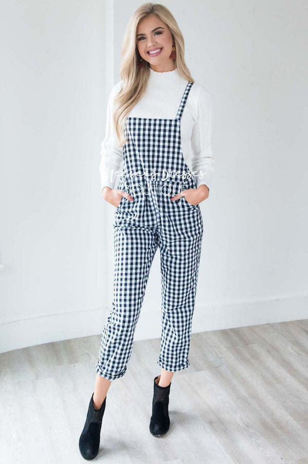 Black and White Gingham Overalls | Modest Dresses