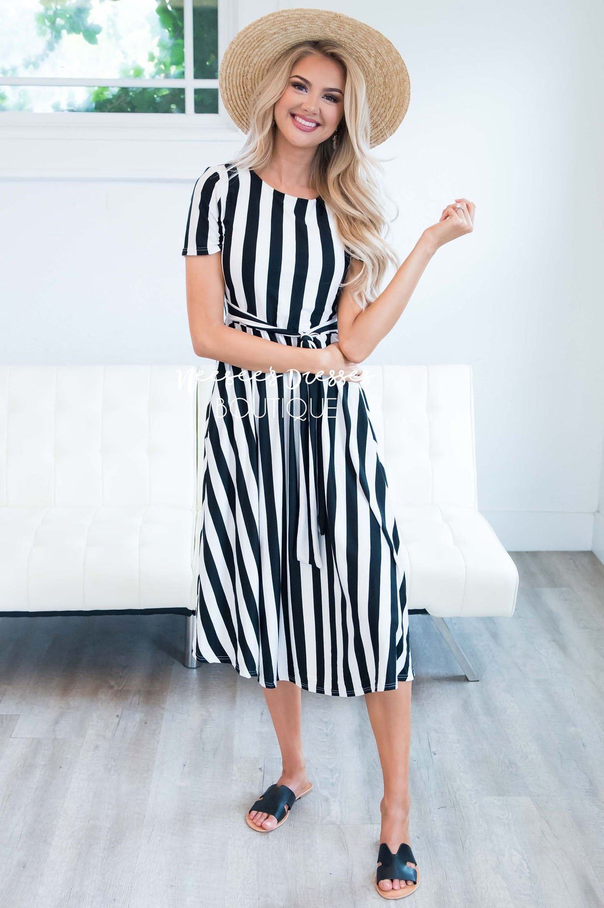 Black Striped Tie Pocket Modest Dress | Best Online Modest Boutique for ...