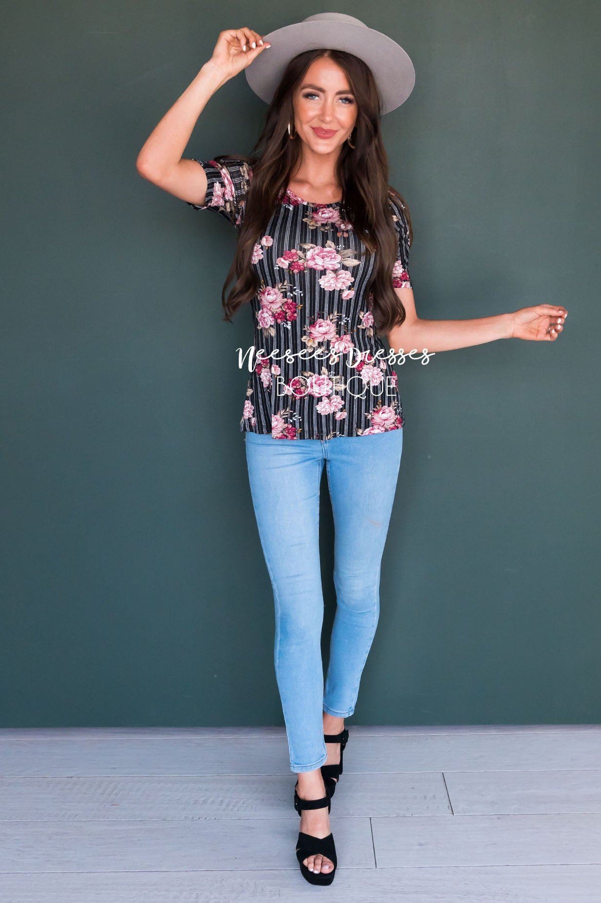 Pinstripe Floral Scoop Neck Top cute modest clothes | Modest ...