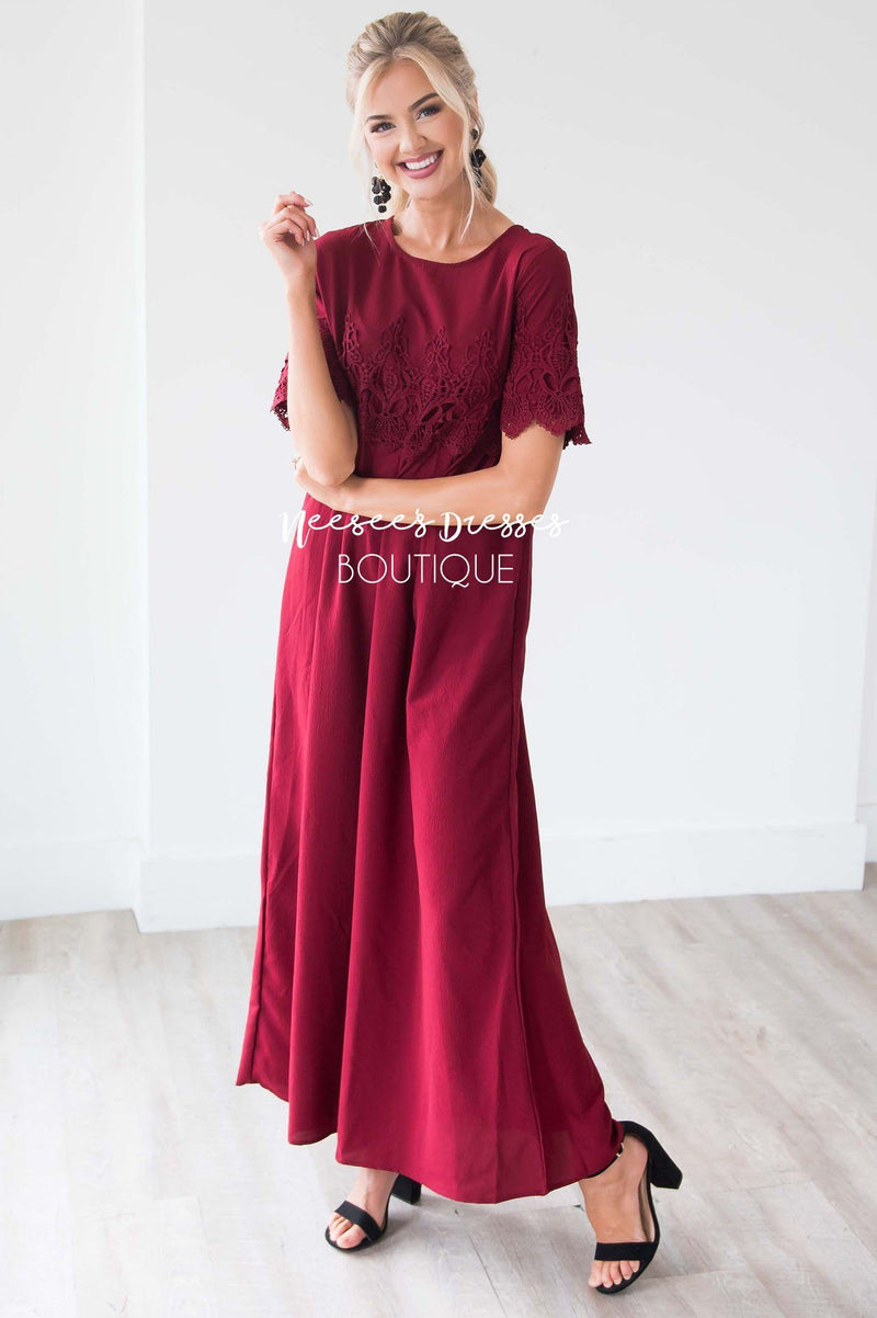 Burgundy Lace Insert Modest Maxi Dress | Modest Bridesmaids Dresses