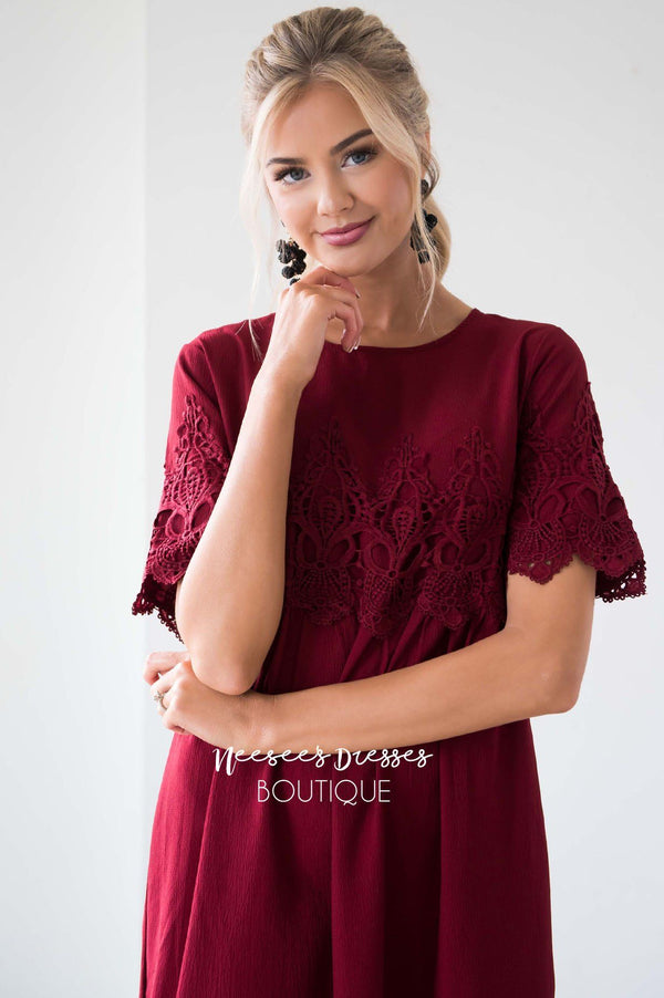 Burgundy Lace Insert Modest Maxi Dress | Modest Bridesmaids Dresses