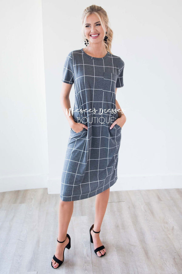 Gray Checkered Front Pocket Dress | Cute Modest Dresses
