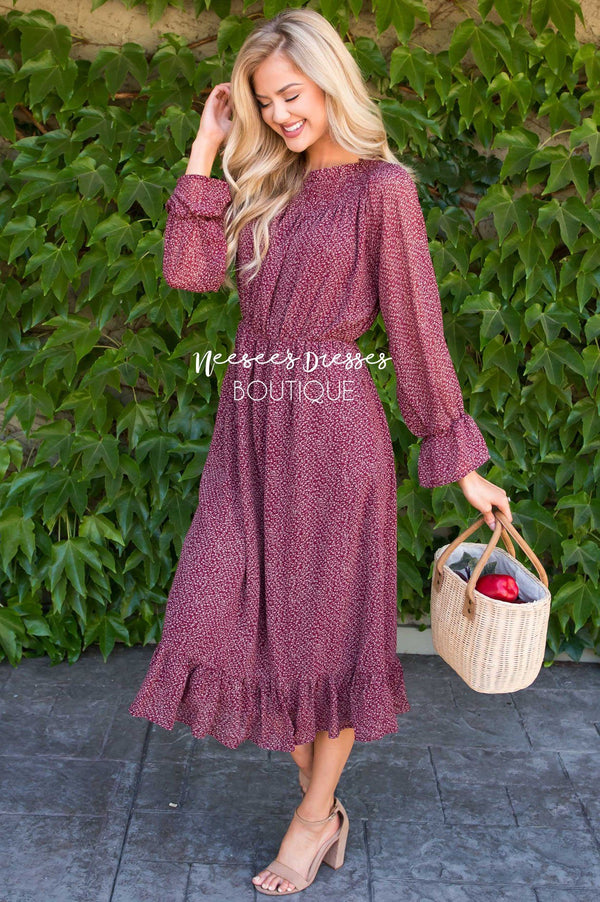 Burgundy taupe floral Detail Modest Dress | Best Place To Buy Modest ...