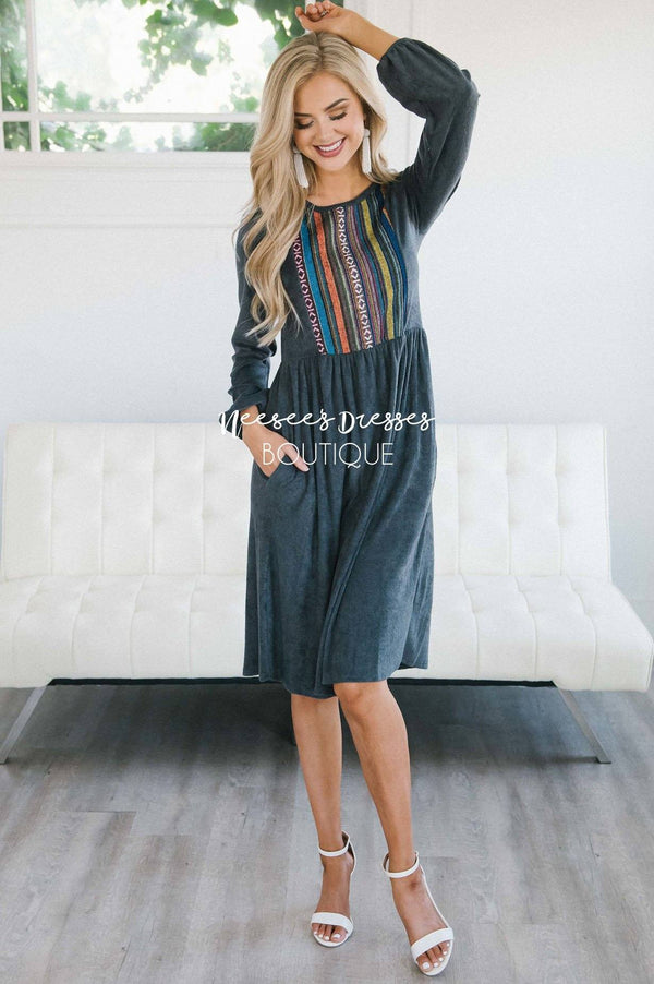 Charcoal Colorful Embroidered Pocket Dress Modest Dresses | Best Place ...
