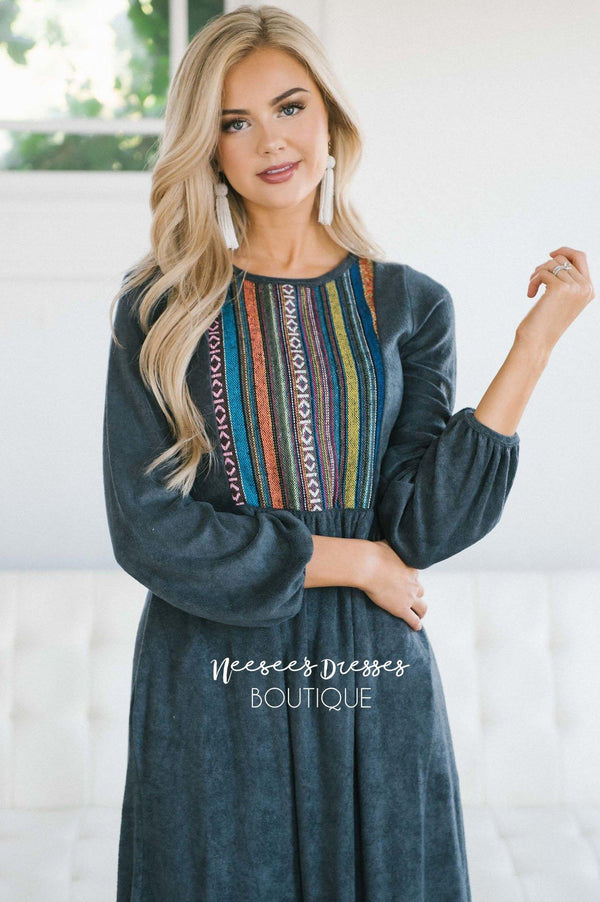 Charcoal Colorful Embroidered Pocket Dress Modest Dresses | Best Place ...