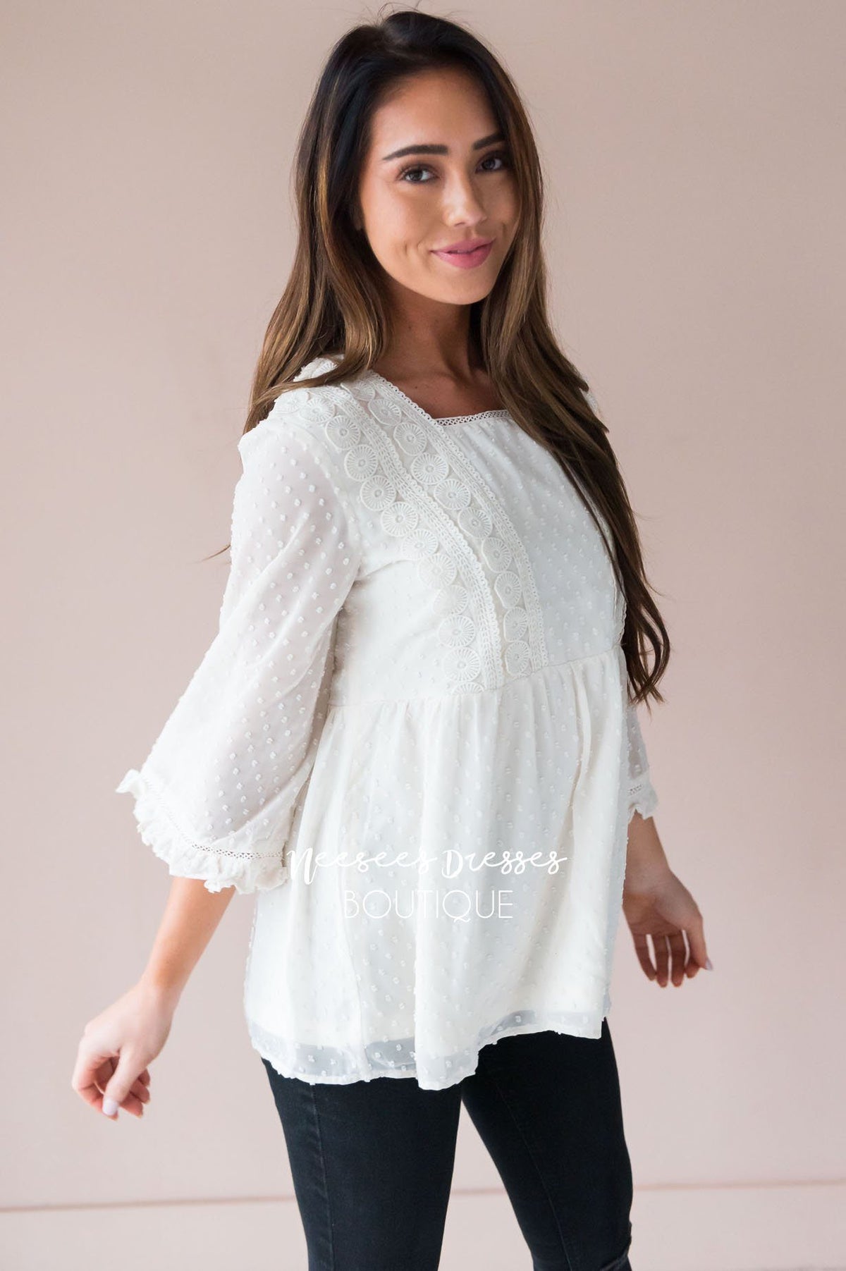 Dotted Crochet Trim Gathered Waist Blouse | Modest Bridesmaids Dresses ...