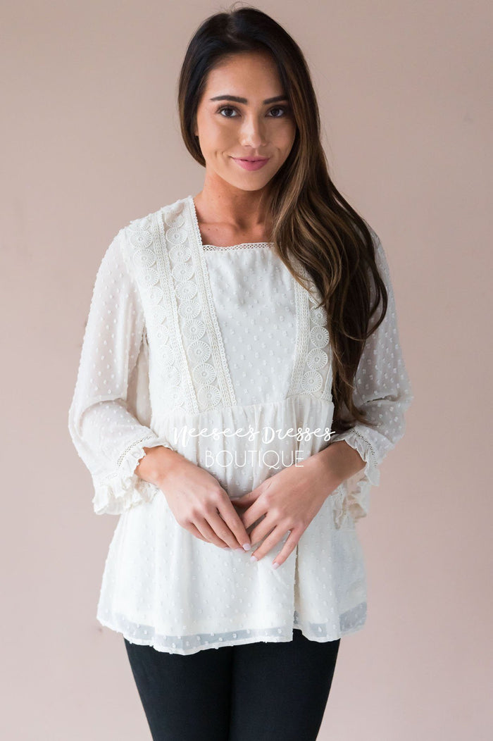 Dotted Crochet Trim Gathered Waist Blouse | Modest Bridesmaids Dresses ...