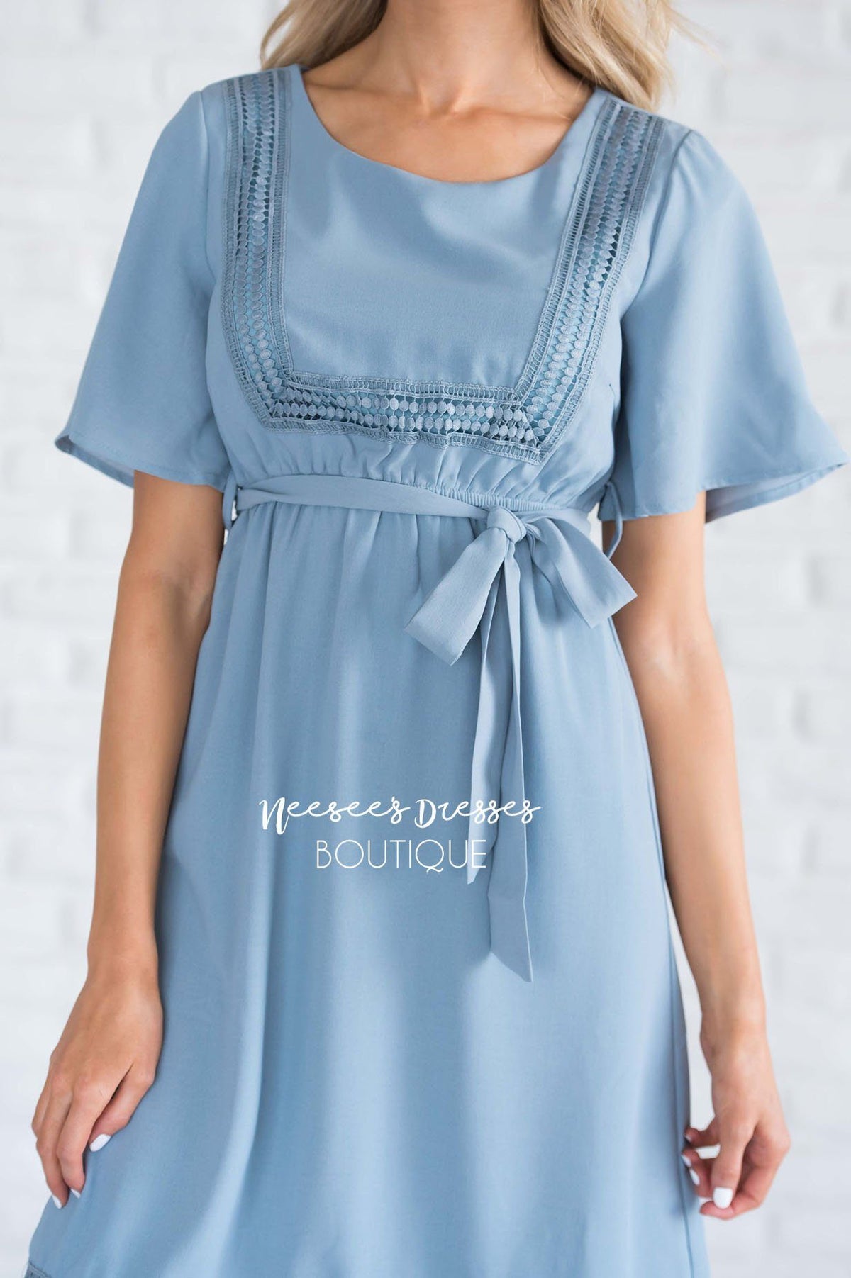 Dusty Blue Lace Trim Ruffle Detail Modest Dress | Modest Clothing for Women