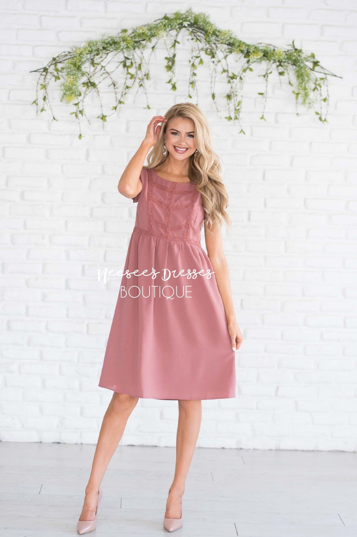 Dusty Rose Lace Trim Modest Dress | Beautiful Modest Clothing