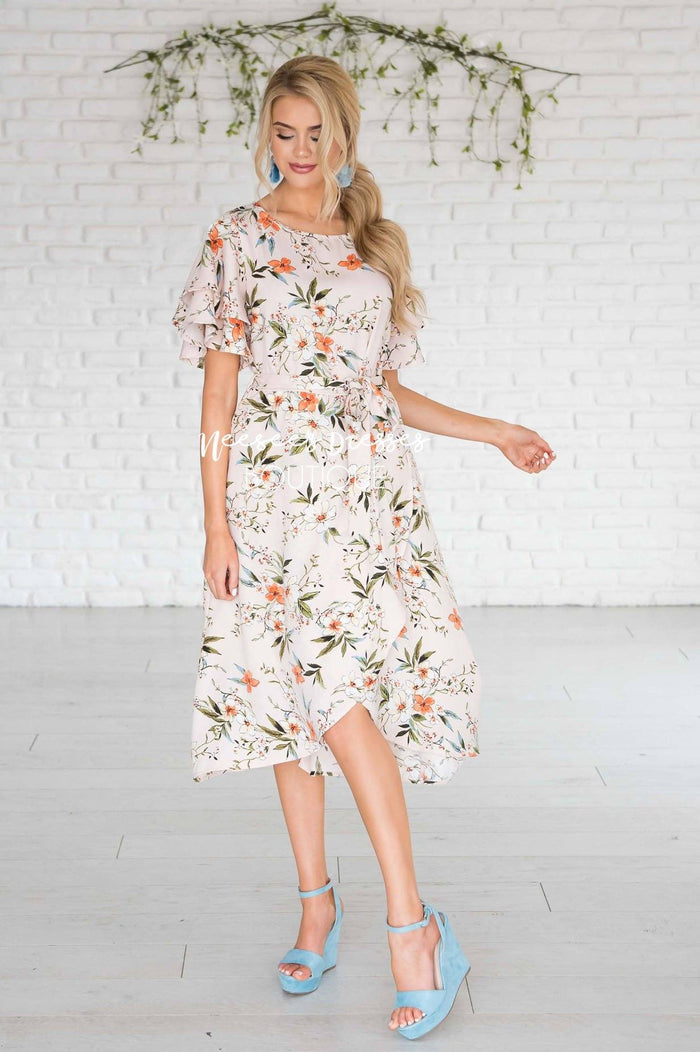 Tropical Floral Flutter Sleeve Modest Dress | Best Modest Boutique