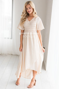 Cream Shirred Detail Modest Dress | Best Place To Buy Modest Dress ...