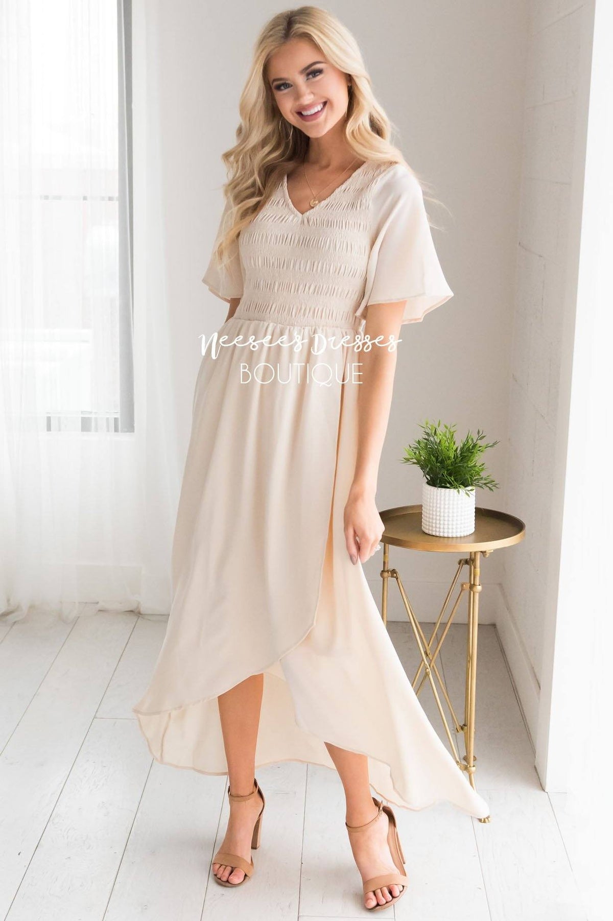 Cream Shirred Detail Modest Dress | Best Place To Buy Modest Dress ...
