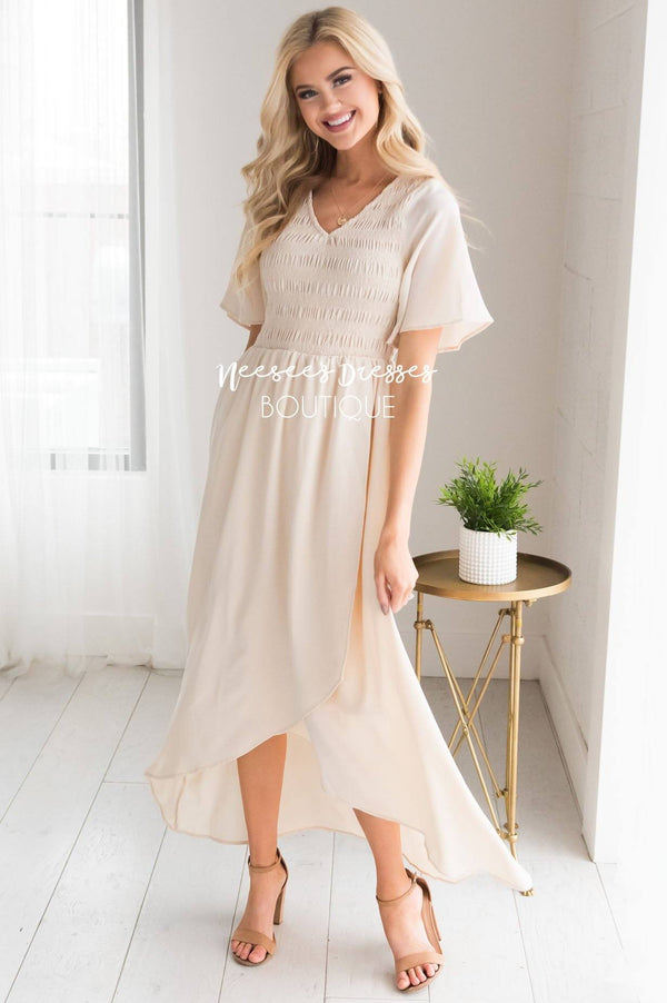Cream Shirred Detail Modest Dress | Best Place To Buy Modest Dress ...
