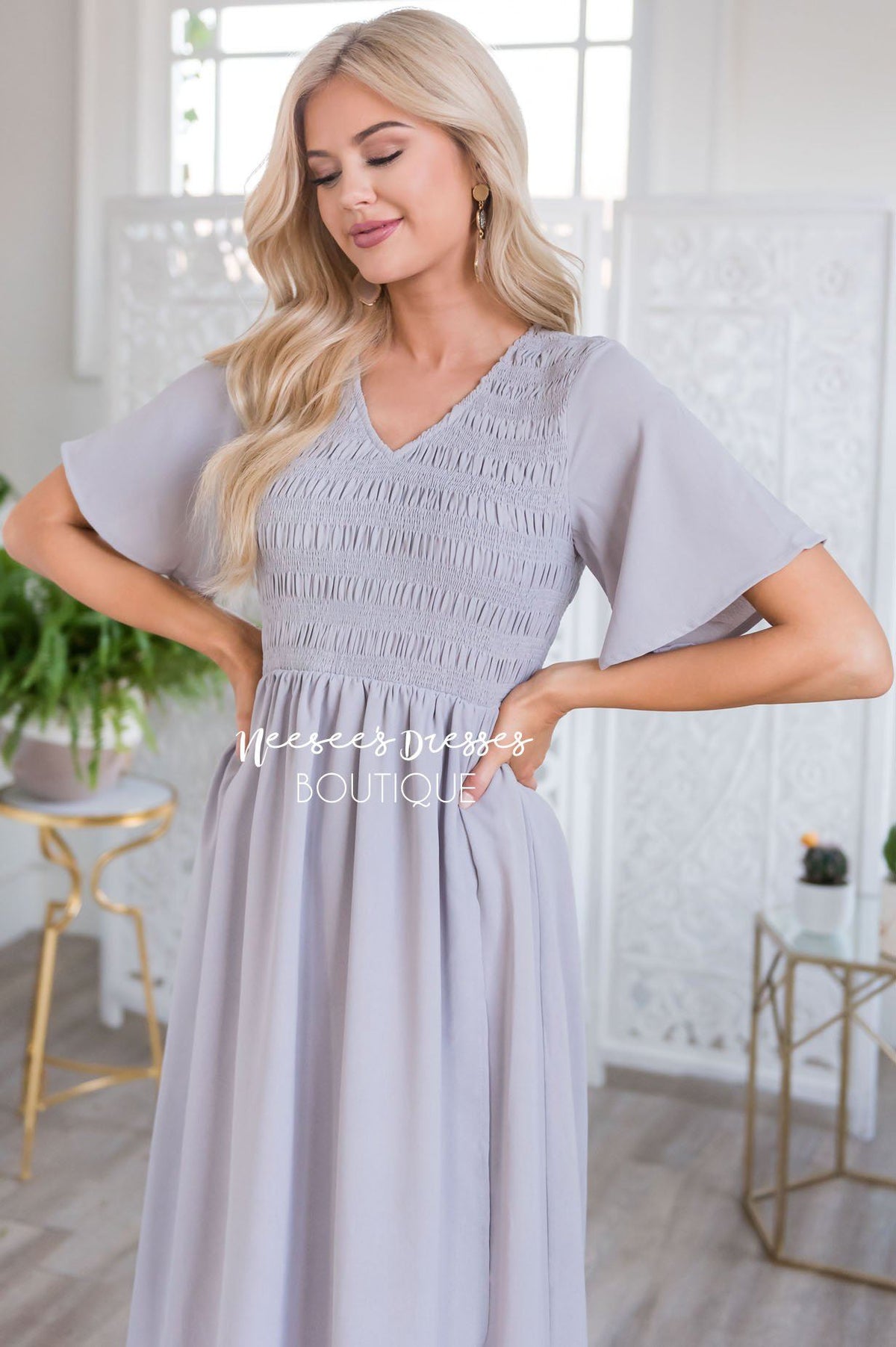 Grey Shirred Detail Modest Dress | Best Place To Buy Modest Dress ...
