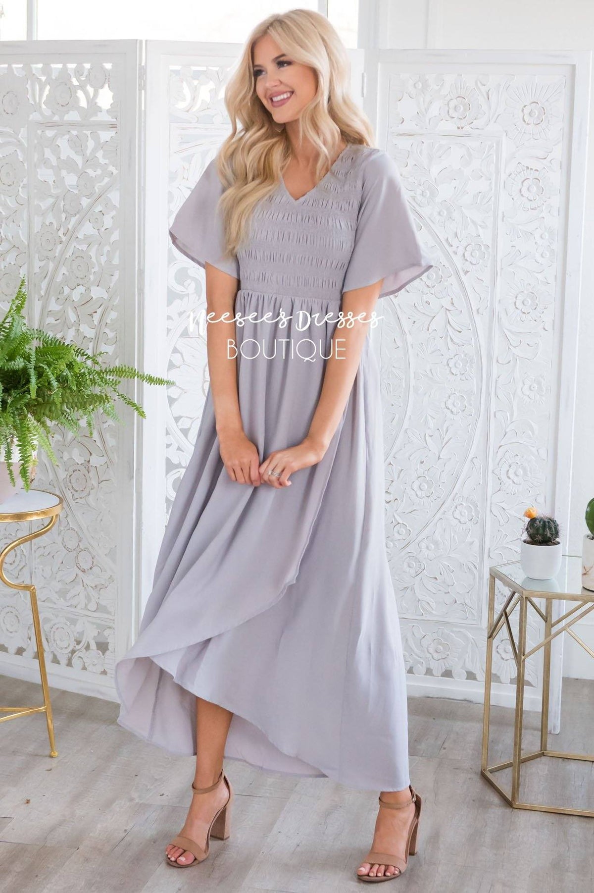 Grey Shirred Detail Modest Dress | Best Place To Buy Modest Dress ...