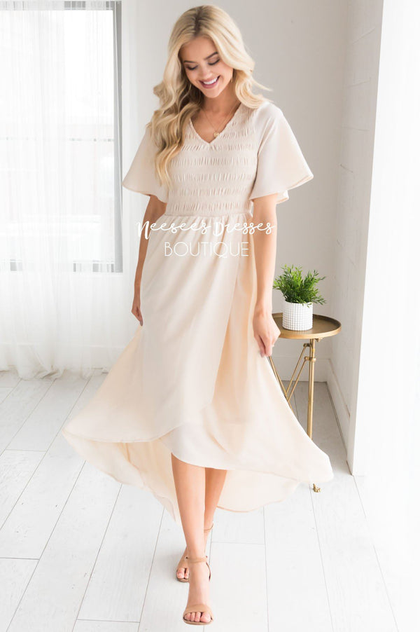 Cream Shirred Detail Modest Dress | Best Place To Buy Modest Dress ...
