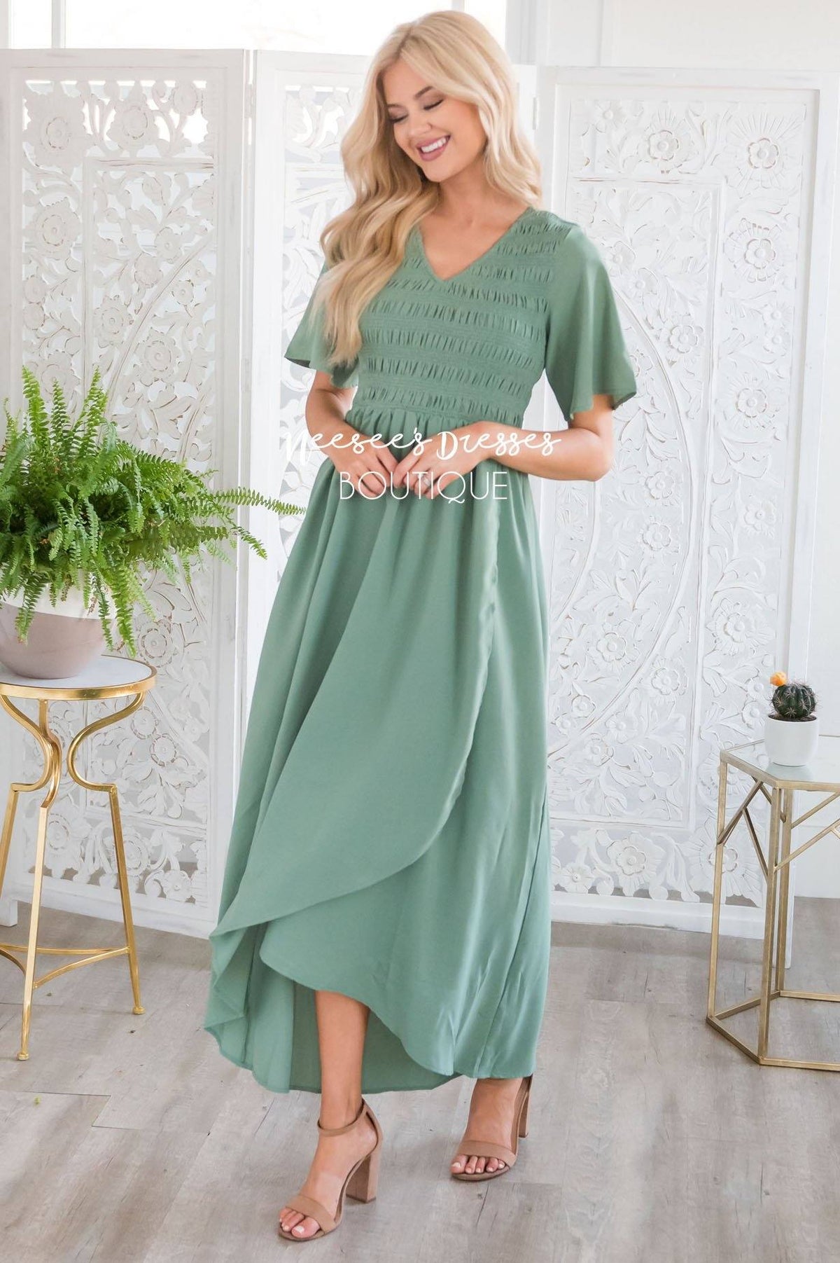Dark Sage Shirred Detail Modest Dress | Best Place To Buy Modest Dress ...