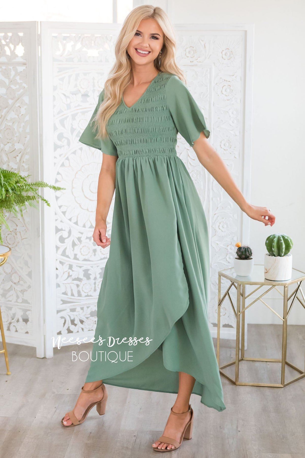 Dark Sage Shirred Detail Modest Dress | Best Place To Buy Modest Dress ...