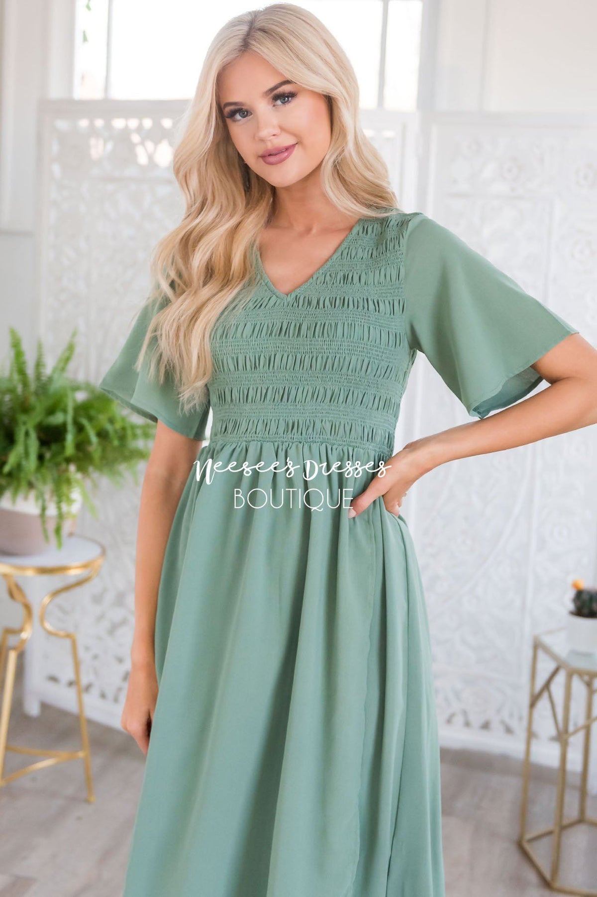 Dark Sage Shirred Detail Modest Dress | Best Place To Buy Modest Dress ...