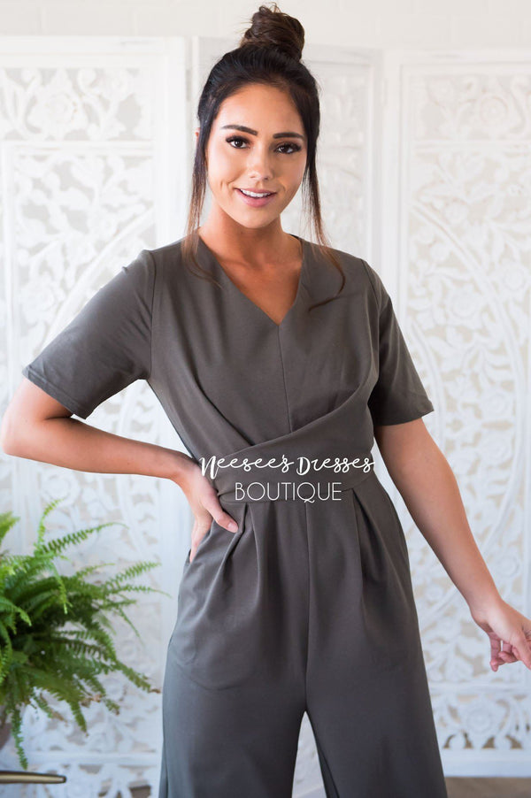 Deep Grey-Olive Tie Front Modest Jumpsuit | Cute Modest Dresses