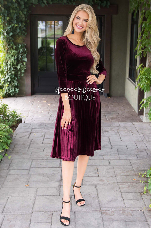 Burgundy Velvet Holiday Modest Dress | Modest Bridesmaids Dresses